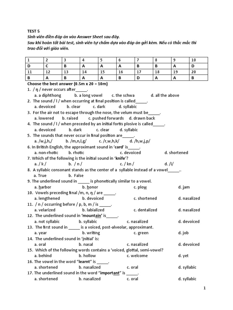 Sinh viên điền đáp án vào Answer Sheet sau đây. Sau khi hoàn tất bài ...