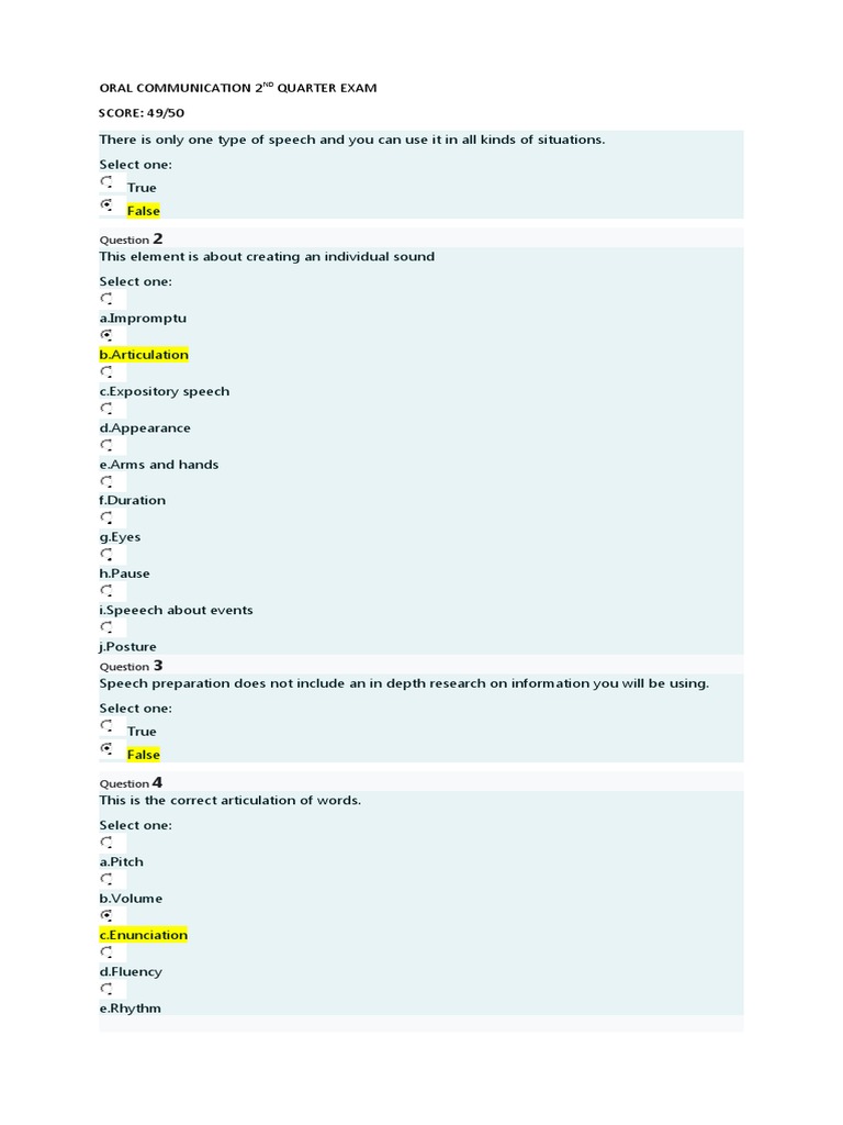Oral Communication 2 Quarter Exam SCORE: 49/50 | PDF | Speech | Larynx