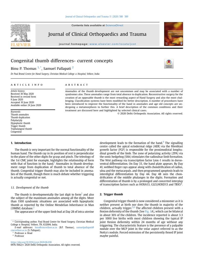 Journal of Clinical Orthopaedics and Trauma: Binu P. Thomas, Samuel Pallapati | PDF | Thumb | Finger