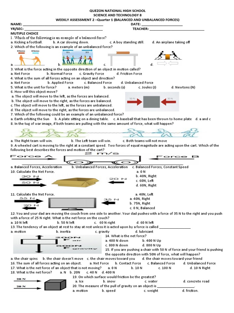 Balanced and Unbalanced Forces Assessment | PDF | Force | Nature