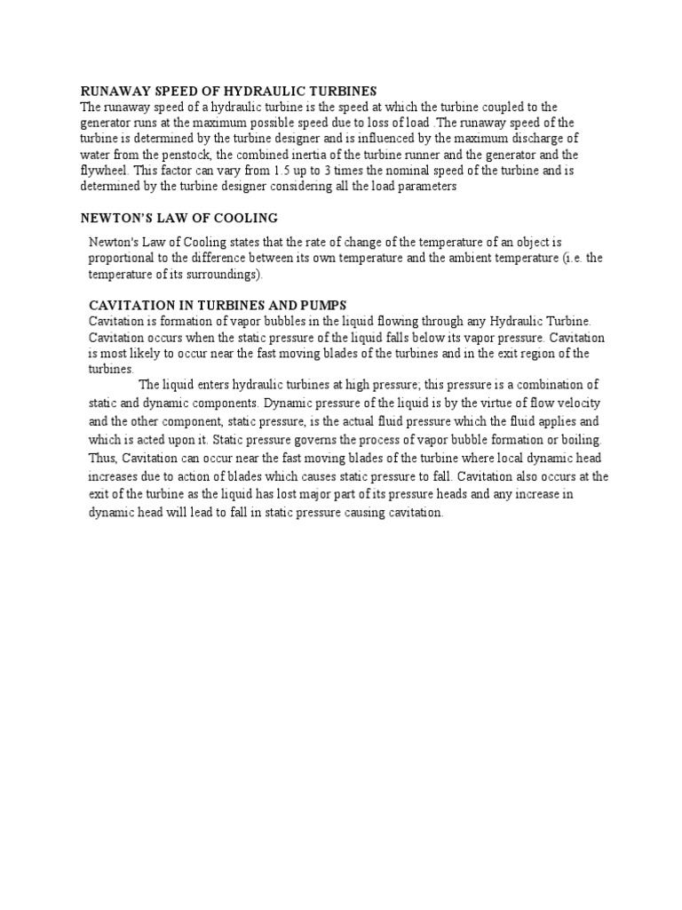Runaway Speed & Cavitation in Turbines | PDF