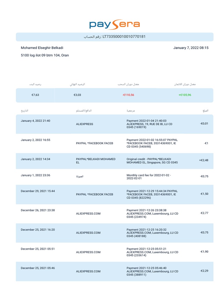 Paysera Statement - 2022 01 07 - 08 15 15 | PDF | Pay Pal | Payments