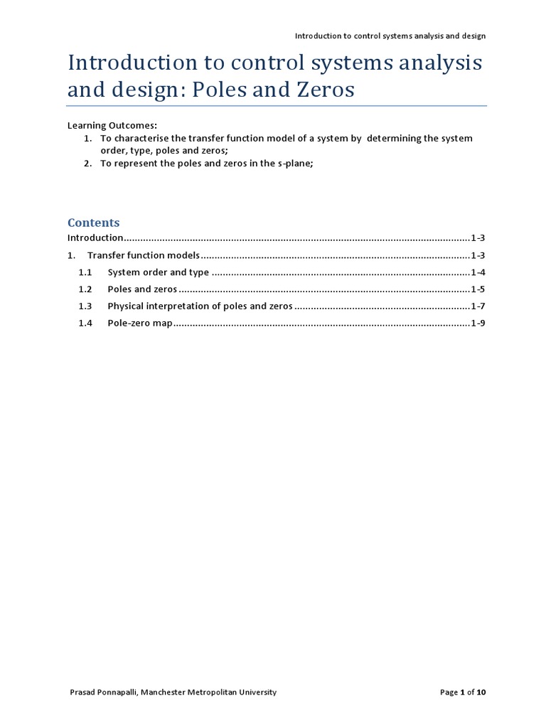 Introduction To Control Systems Analysis and Design: Poles and Zeros | PDF | Zero Of A Function ...