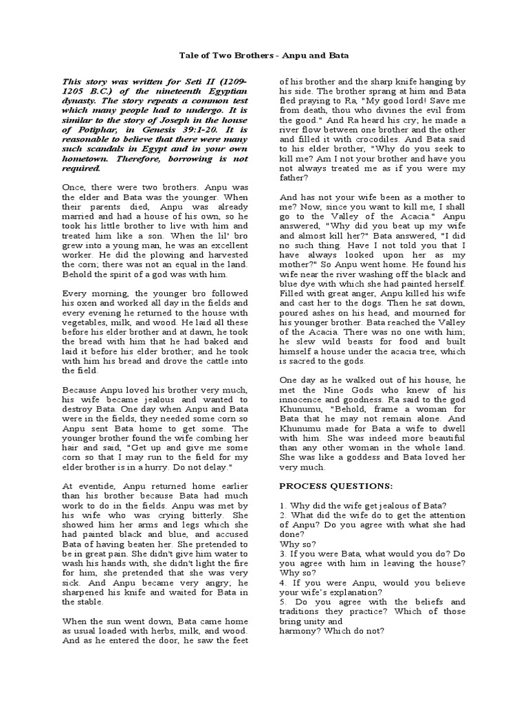 Tale of Two Brothers Anpu and Bata | PDF