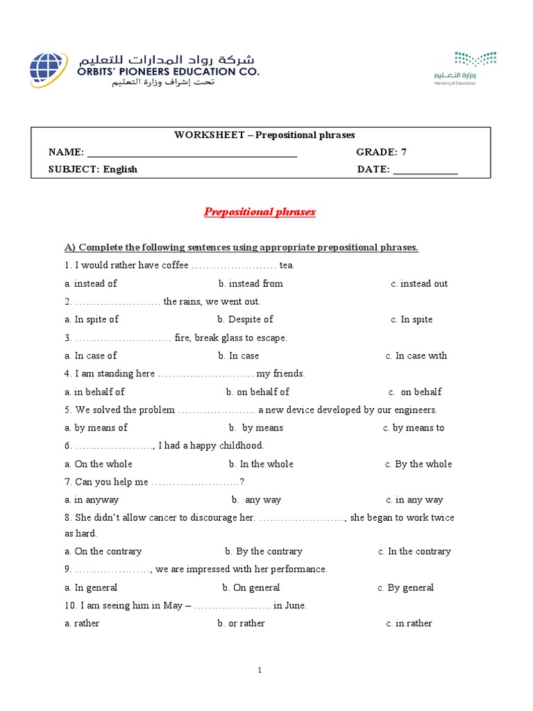 Prepositional Phrases - Worksheet - Grade 7 | PDF | Language Arts ...