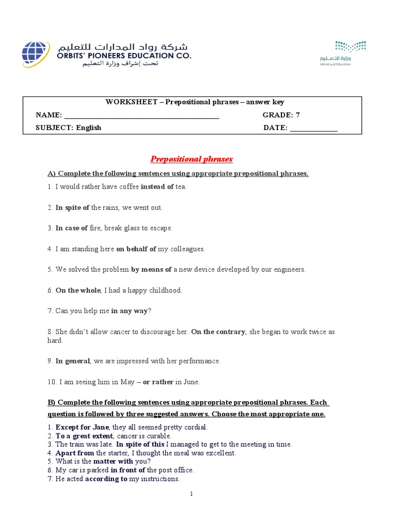 Prepositional Phrases - Worksheet - Answer Key - Grade 7 | PDF ...
