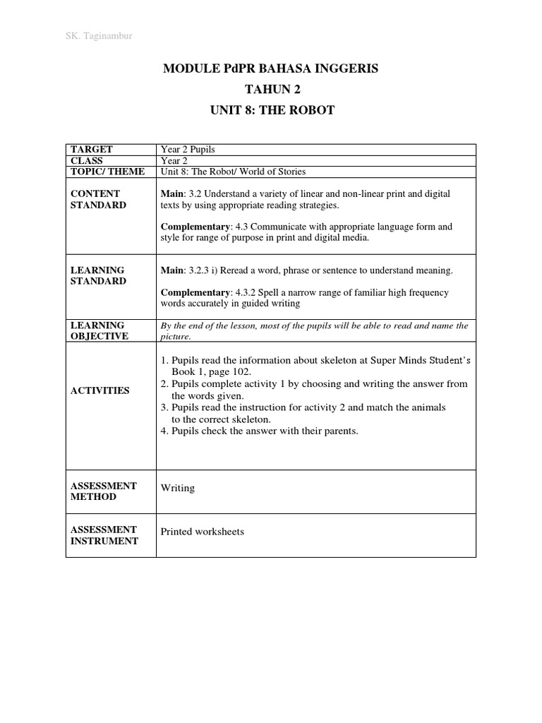 Module PDPR Bahasa Inggeris Tahun 2 Unit 8: The Robot: SK. Taginambur | PDF