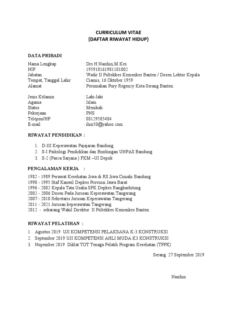 CV Singkat An. Nasihin | PDF