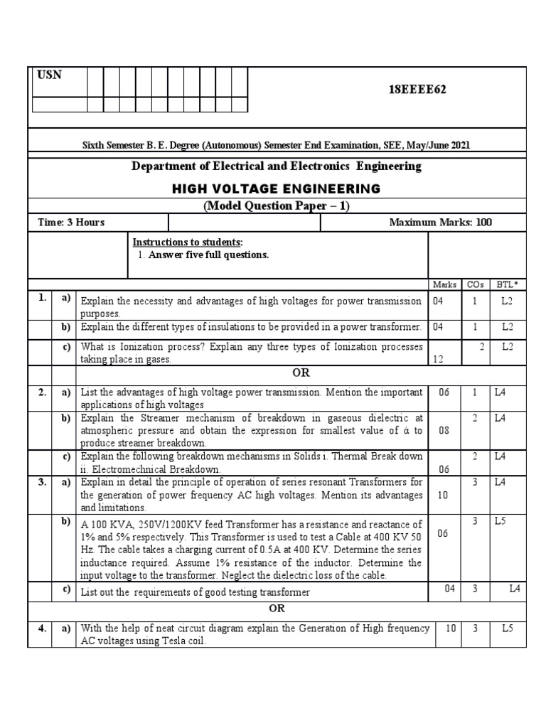 USN 18EEEE62: High Voltage Engineering | Download Free PDF ...