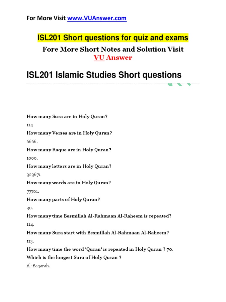 ISL201 Short Notes MCQs | PDF | Muhammad | Surah