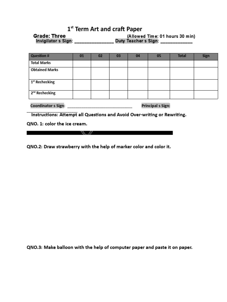 Class 3 Art and Craft Exam Paper | PDF | Art