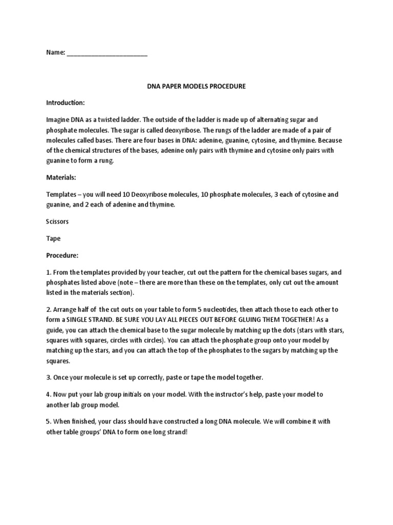 Dna Paper Models Procedure | PDF | Dna | Nucleic Acids