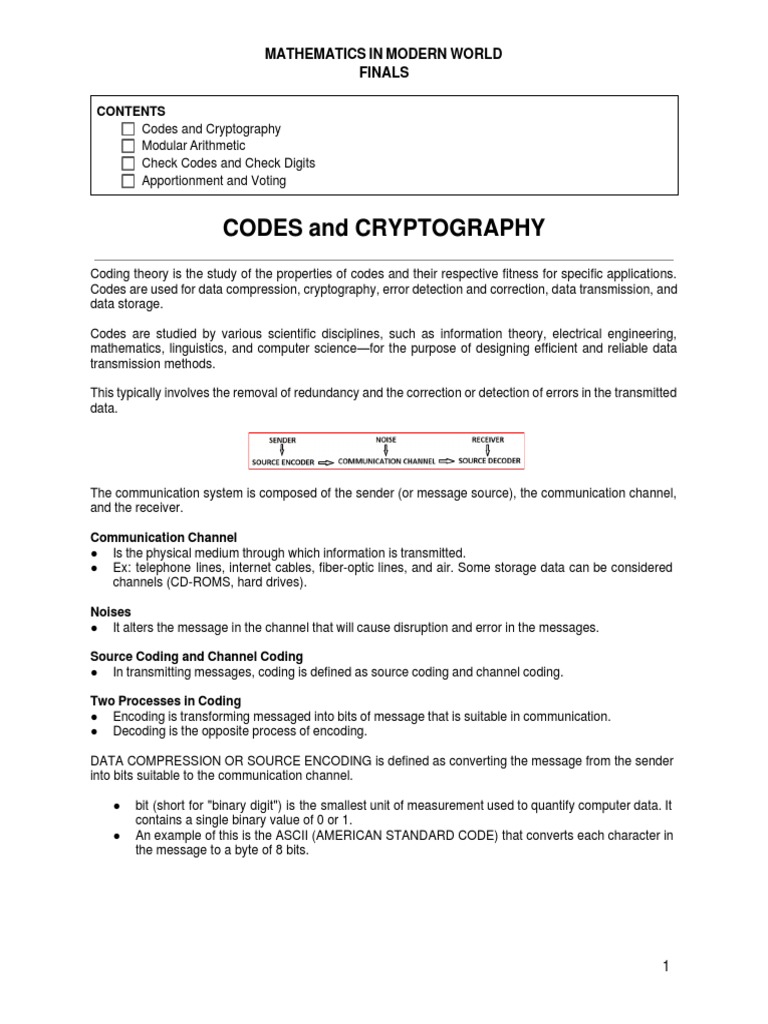 Codes and Cryptography: Mathematics in Modern World Finals | PDF | Cipher | Code