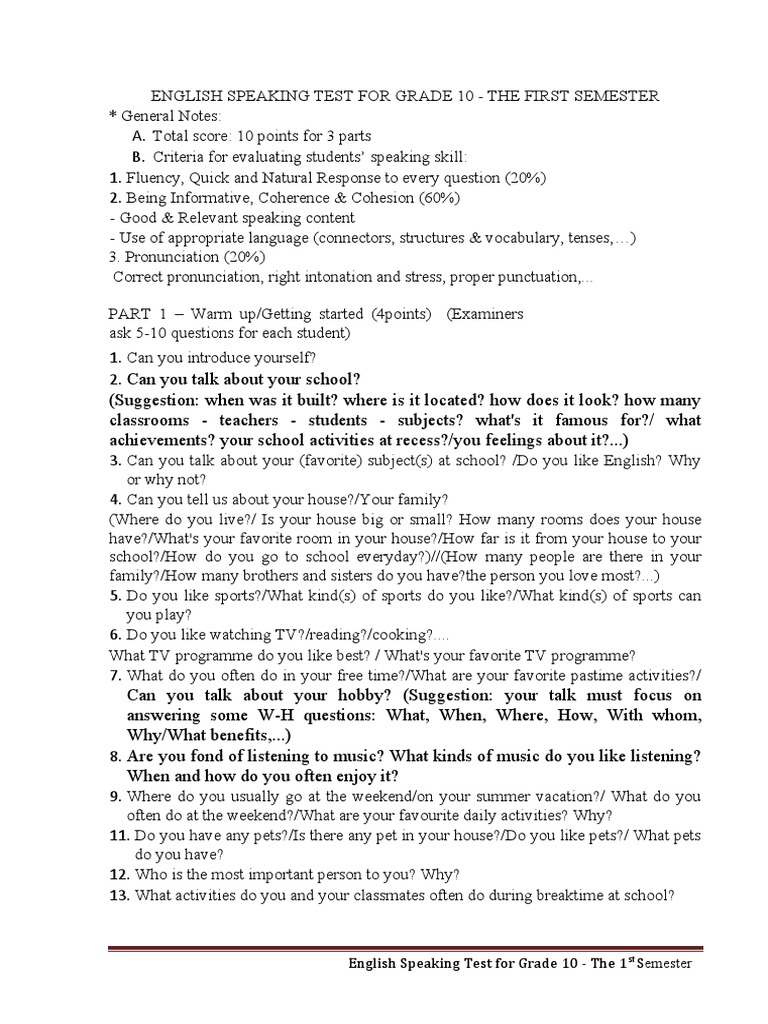 English Speaking Test For Grade 10 - The 1 Semester | PDF | Test ...