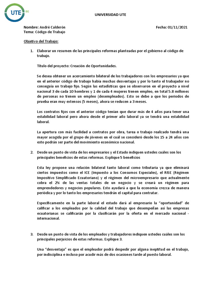 Deber Grupal 1. Codigo de Trabajo | PDF | Desempleo | Ciencias sociales