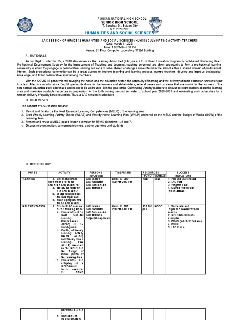 LAC Session Plan for HUMSS Teachers | PDF | Learning | Teachers