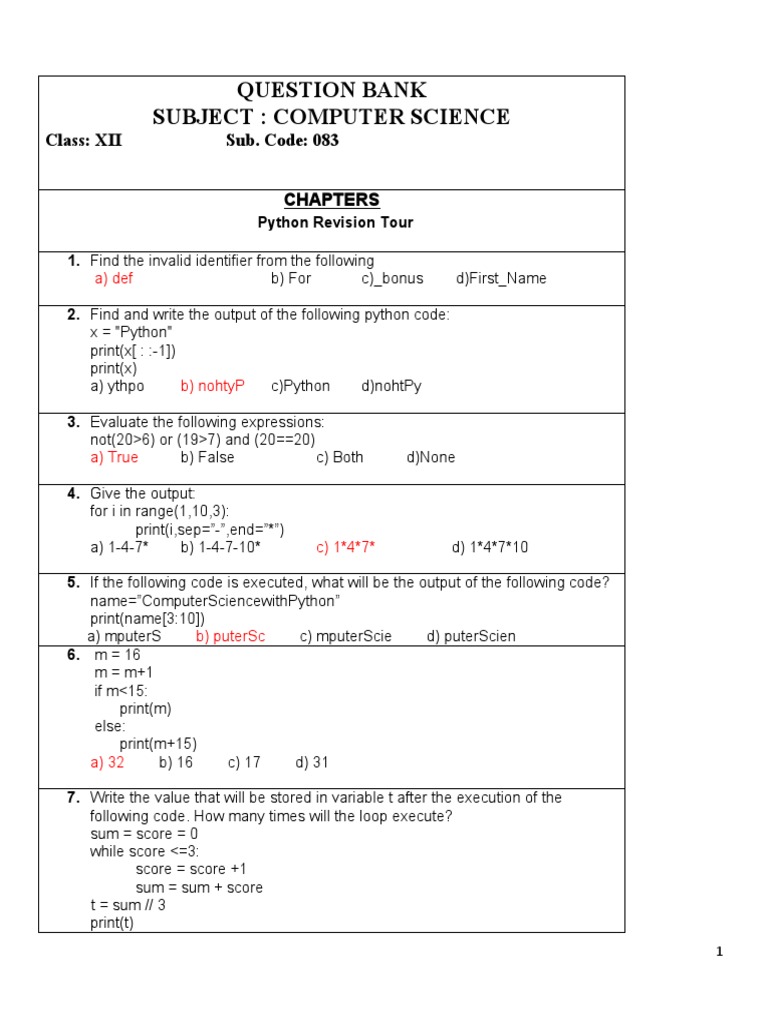 Question Bank Subject: Computer Science: Class: XII Sub. Code: 083 ... Question Bank Subject: Computer Science: Class: XII Sub. Code: 083 ...