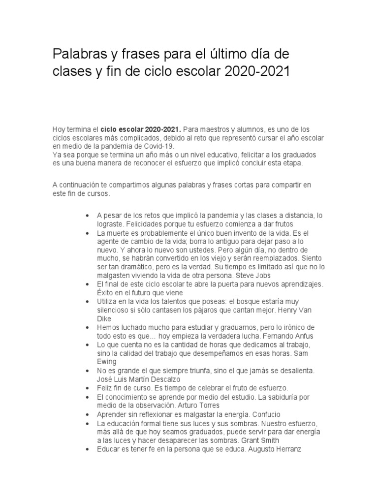 Palabras y Frases para El Último Día de Clases | PDF