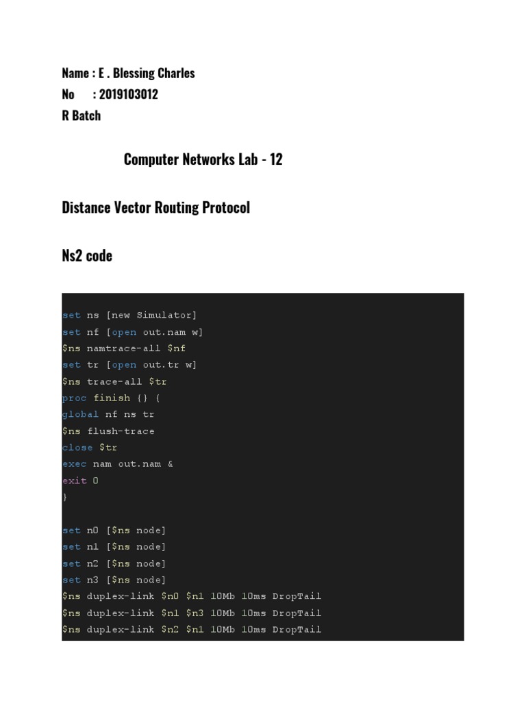 Computer Networks Lab - 12 Distance Vector Routing Protocol Ns2 Code | PDF