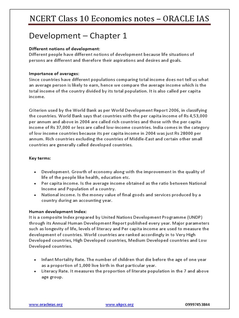 Development - Chapter 1: NCERT Class 10 Economics Notes - ORACLE IAS ...