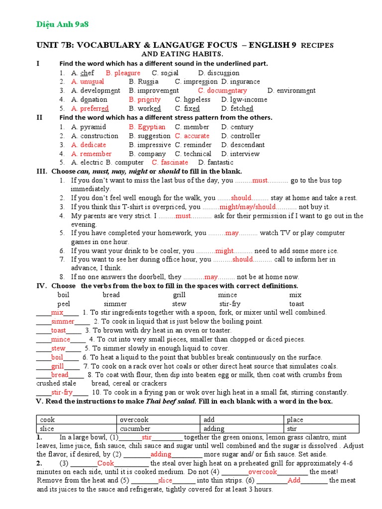 Unit 7B: Vocabulary & Langauge Focus - English 9: Diệu Anh 9a8 | PDF ...