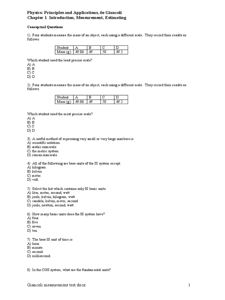 Physics Principles And Applications 6e Giancoli Chapter 1 Introduction Measurement