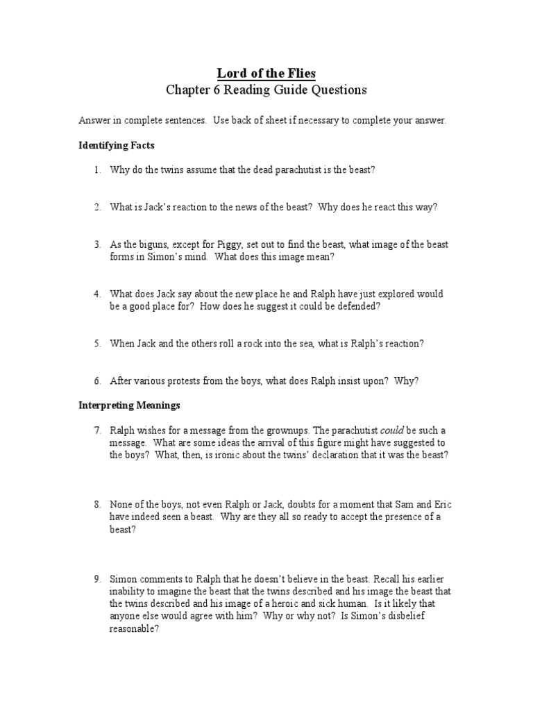 Chapter 6 Reading Guide Questions: Lord of The Flies | PDF