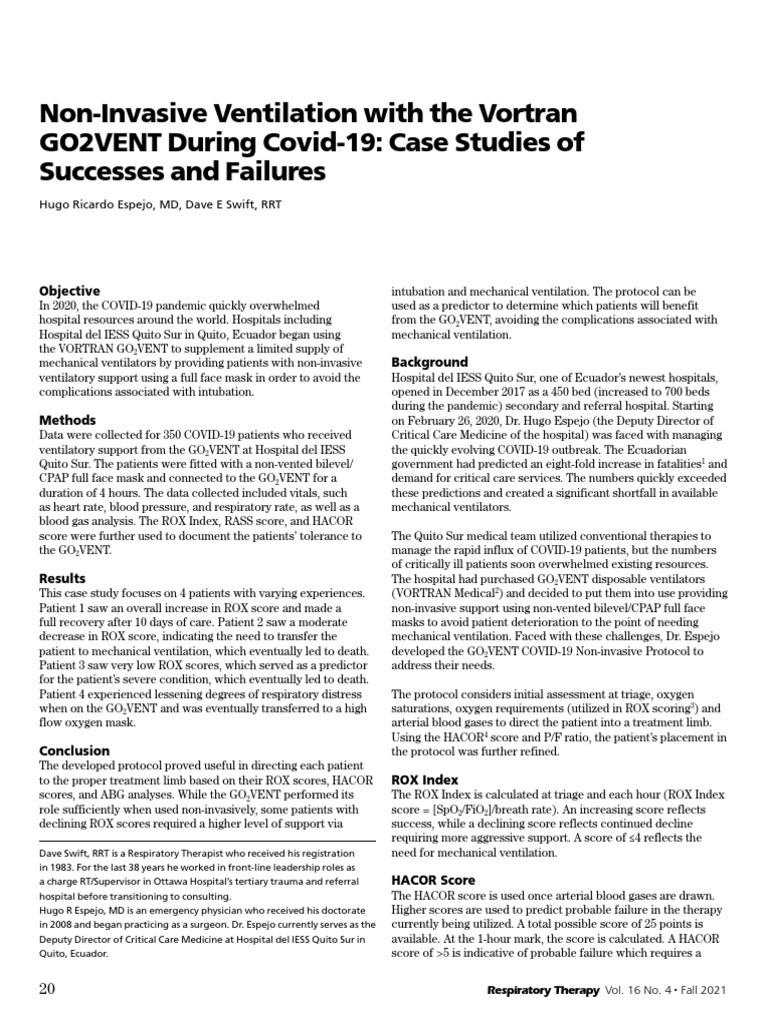 Non-Invasive Ventilation With The Vortran GO2VENT During Covid-19: Case ...