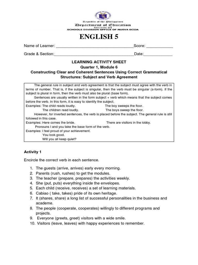 LAS ENGLISH 5 QUARTER 1 Module6 S V Agreement | PDF | Subject (Grammar ...