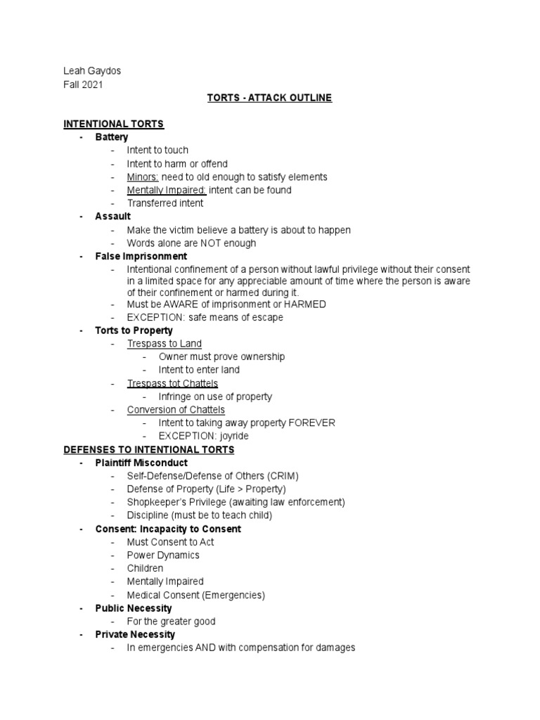 Torts - Attack Outline-2 | PDF | Negligence | Tort