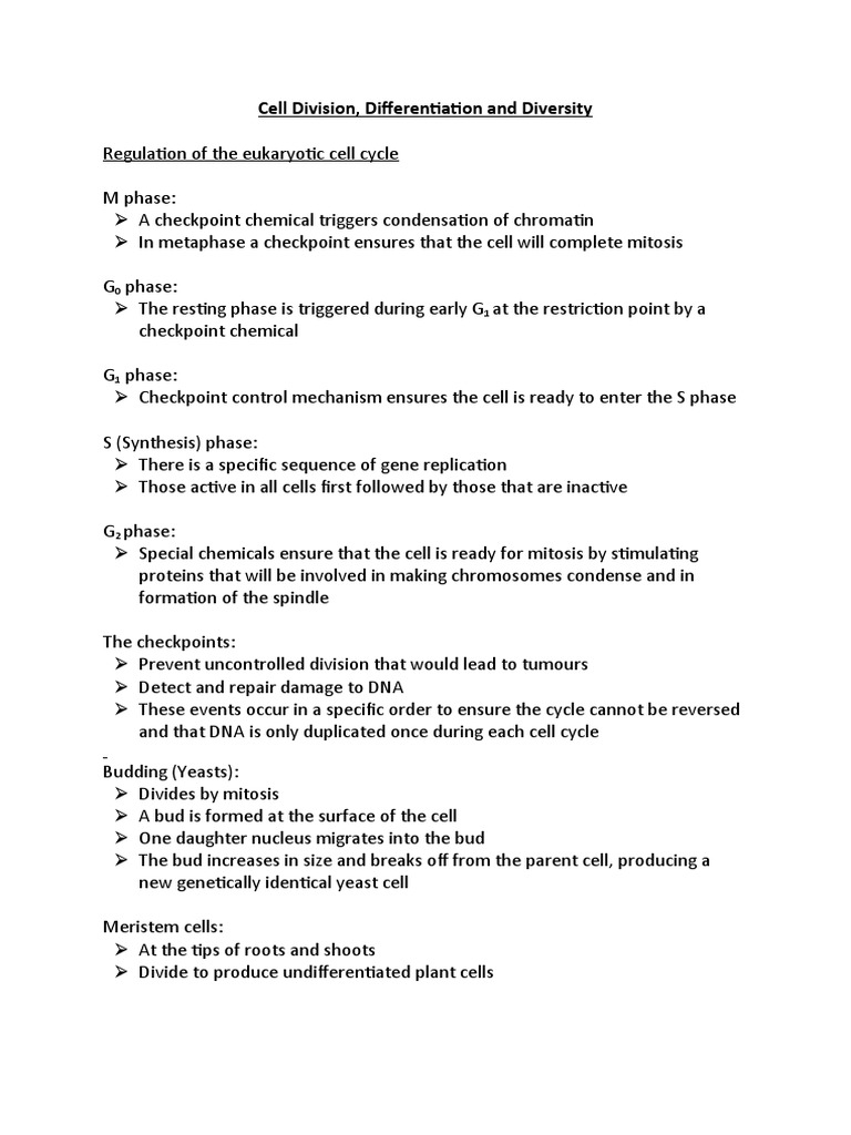 Cell Division, Differentiation and Diversity | PDF | Meiosis | Mitosis