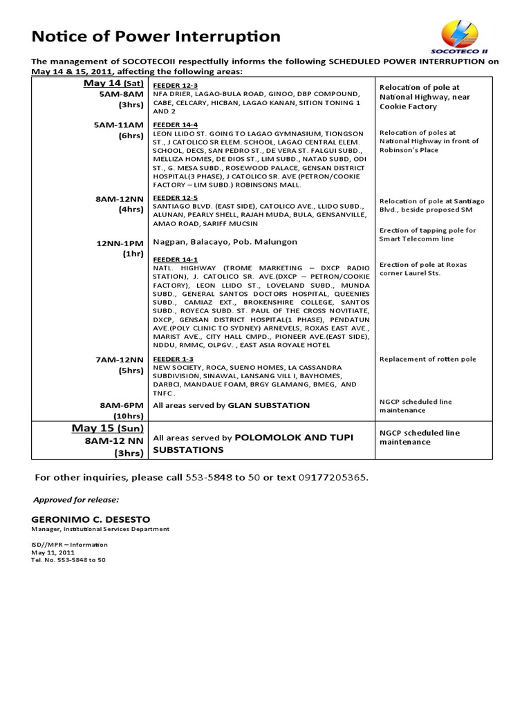 Scheduled Power Interruption Notice | PDF