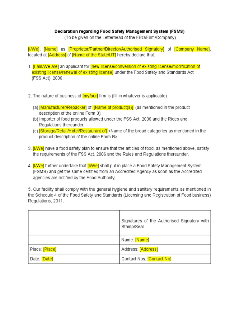 Declaration Regarding Food Safety Management System (FSMS) | PDF