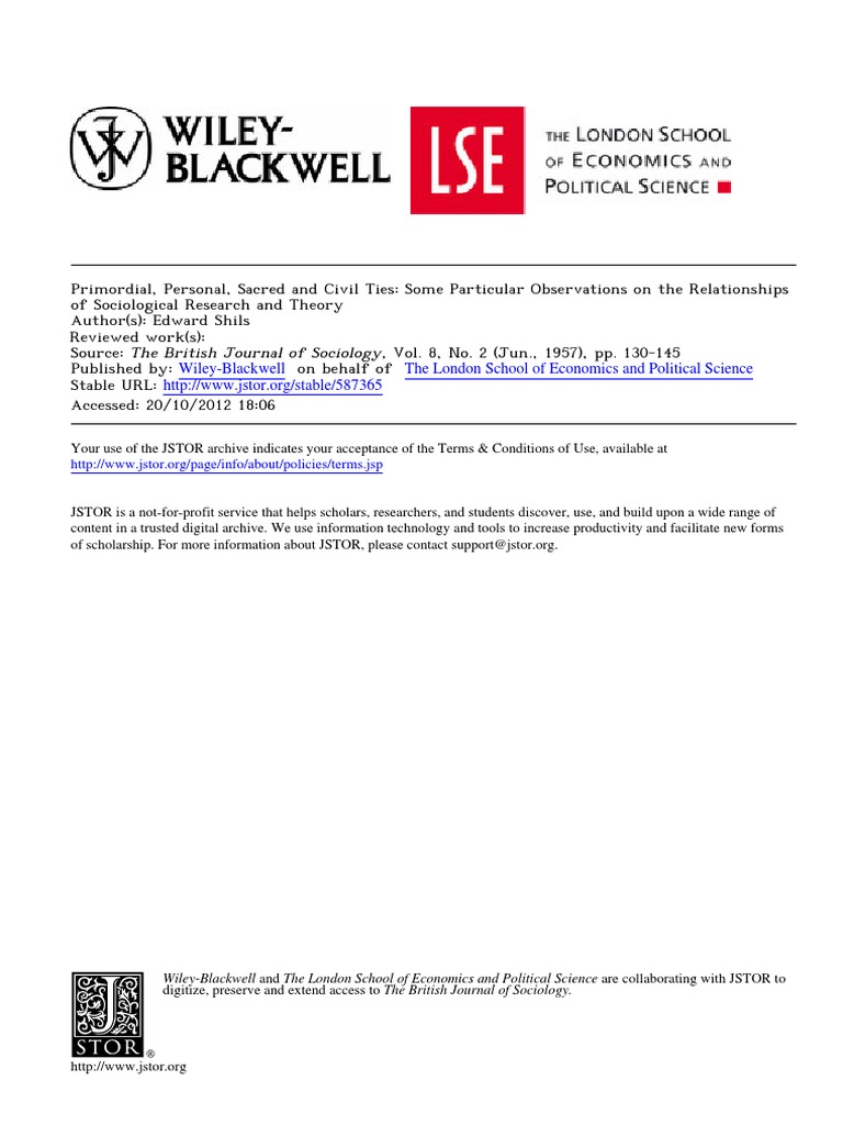 Shils, Edward - Primordial, Personal, Sacred and Civil Ties | PDF