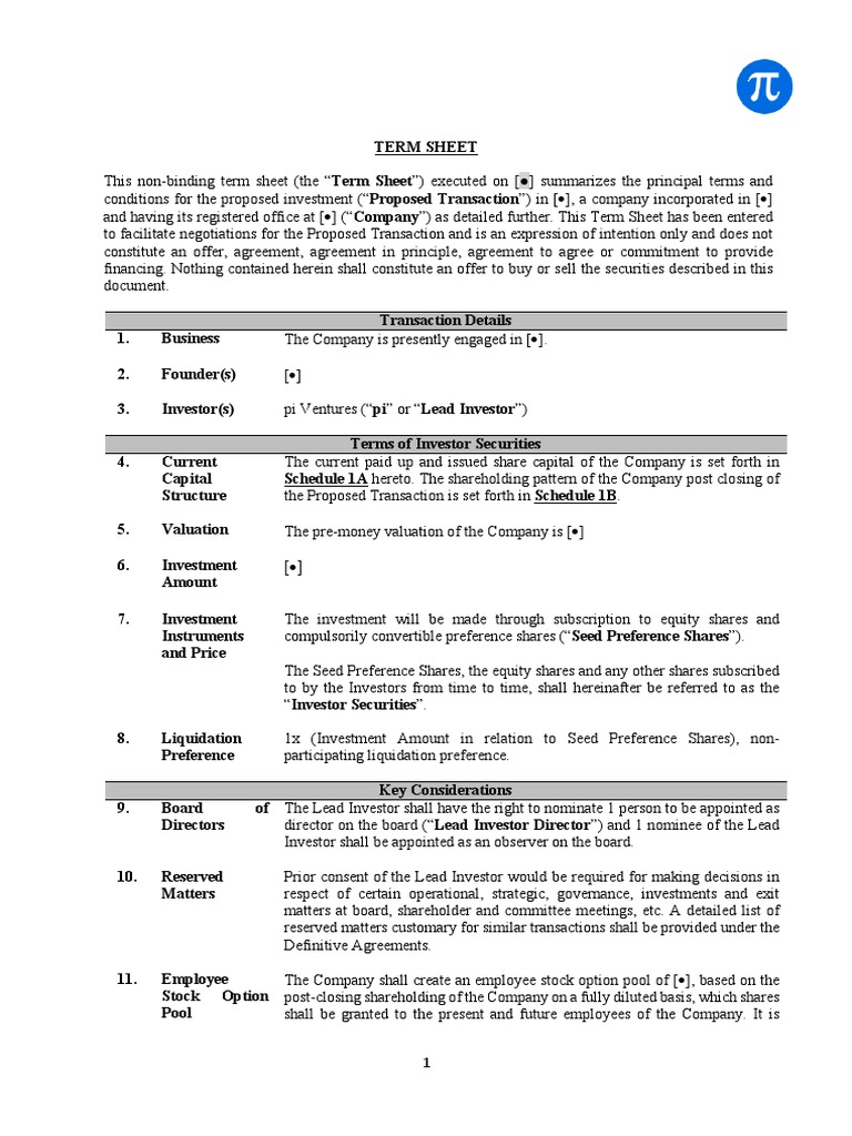 Investment Term Sheet Overview | PDF | Stocks | Investor