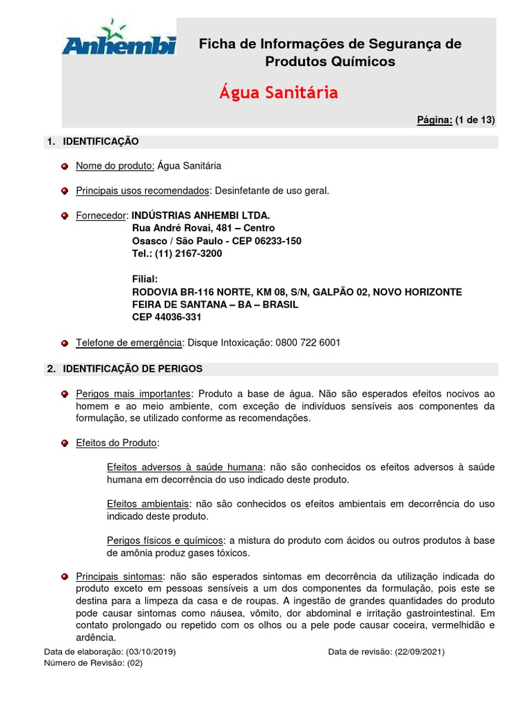 Agua Sanitaria FISPQ Rev.02 19.10 | PDF | Embalagem e rotulagem | Primeiros socorros