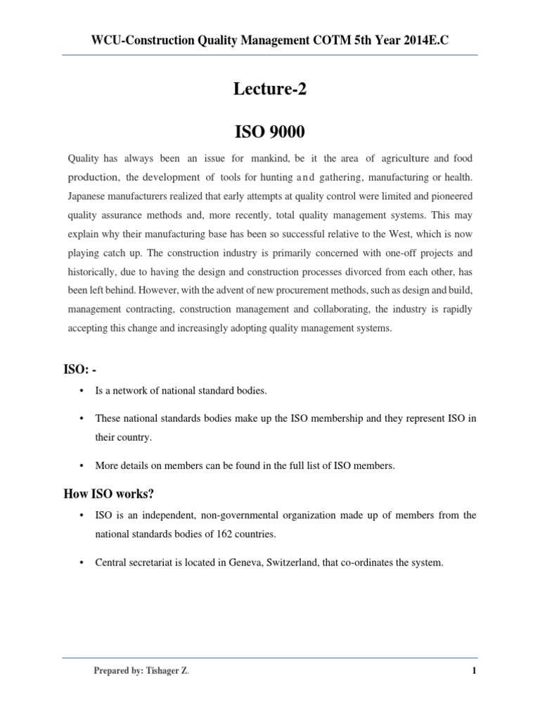 Lecture-2 ISO 9000: WCU-Construction Quality Management COTM 5th Year ...