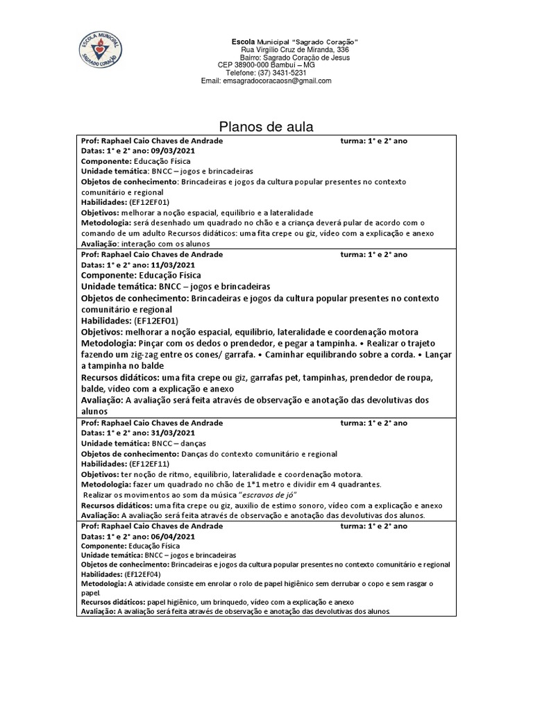 Planos de Aula 1 e 2 Ano | PDF