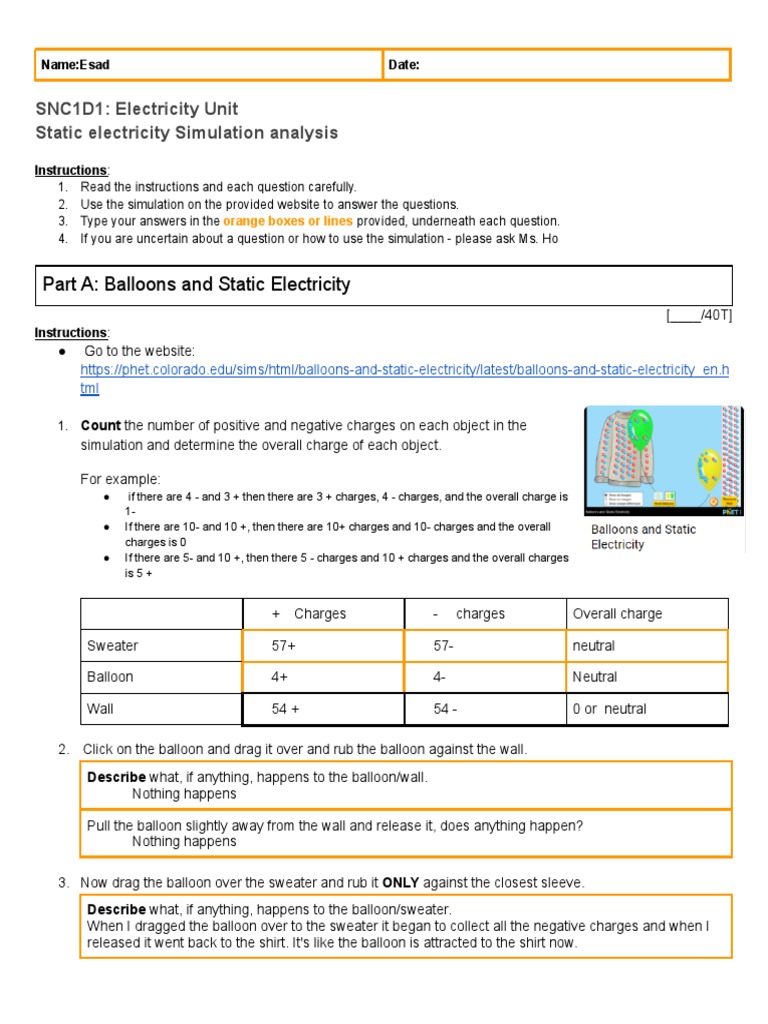 Static Electricity Simulation Analysis SNC - Worksheet | PDF | Electric ...