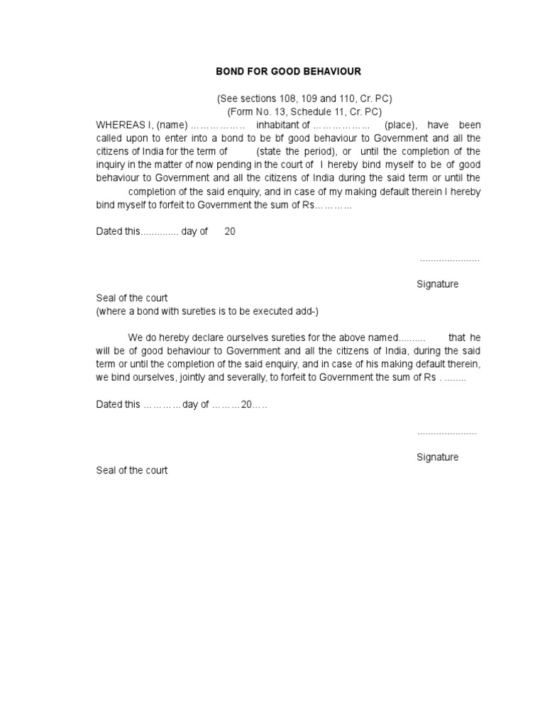 Good Behaviour Bond Template | PDF