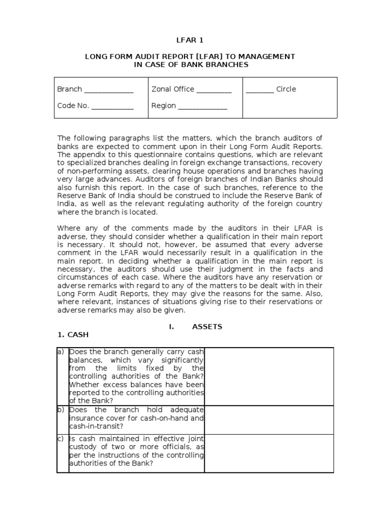 Lfar 1 Long Form Audit Report (Lfar) To Management in Case of Bank ...