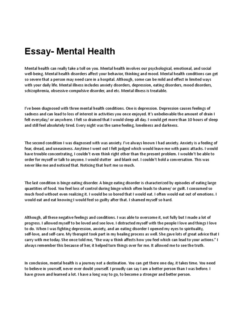 Essay-Mental Health | PDF | Mental Disorder | Mental Health