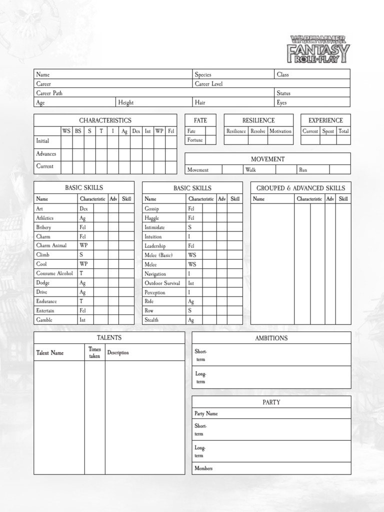 WFRP Character Sheet - Printer Friendly US Letter | PDF