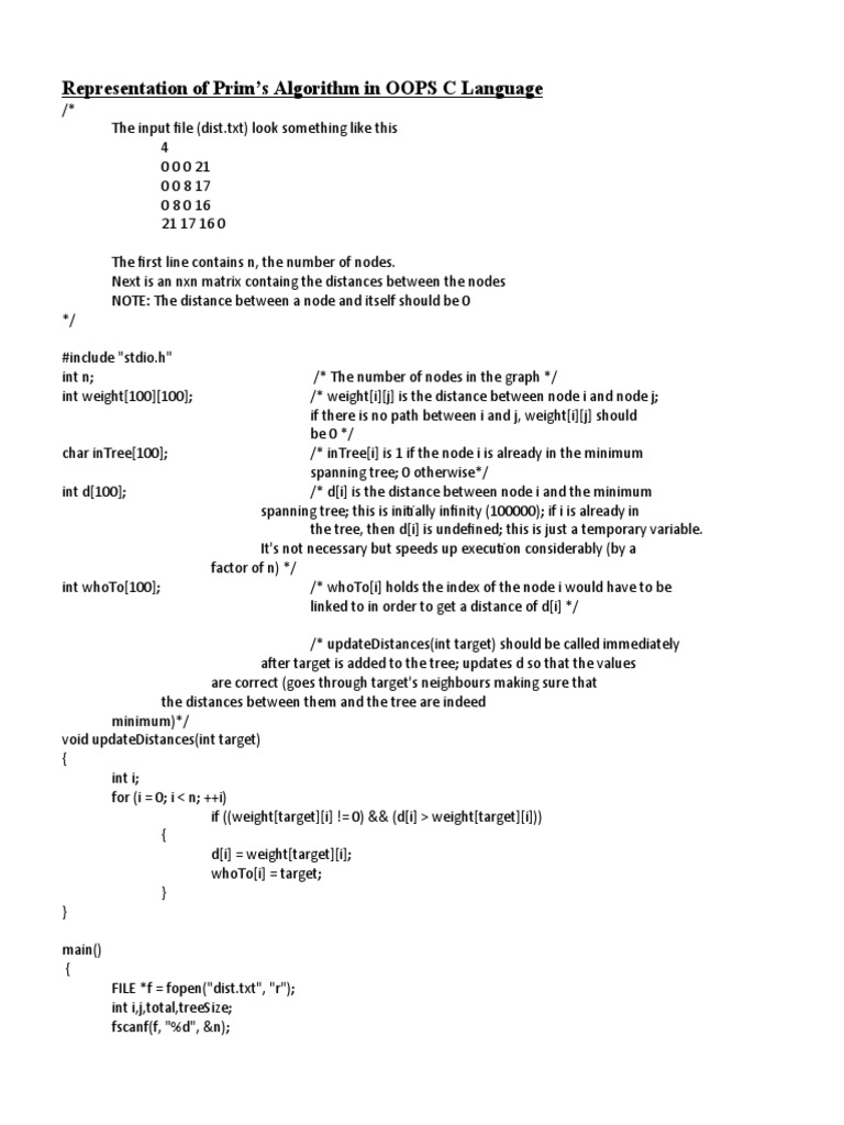 Representation of Prim's Algorithm in OOPS C Language | PDF | Nature ...