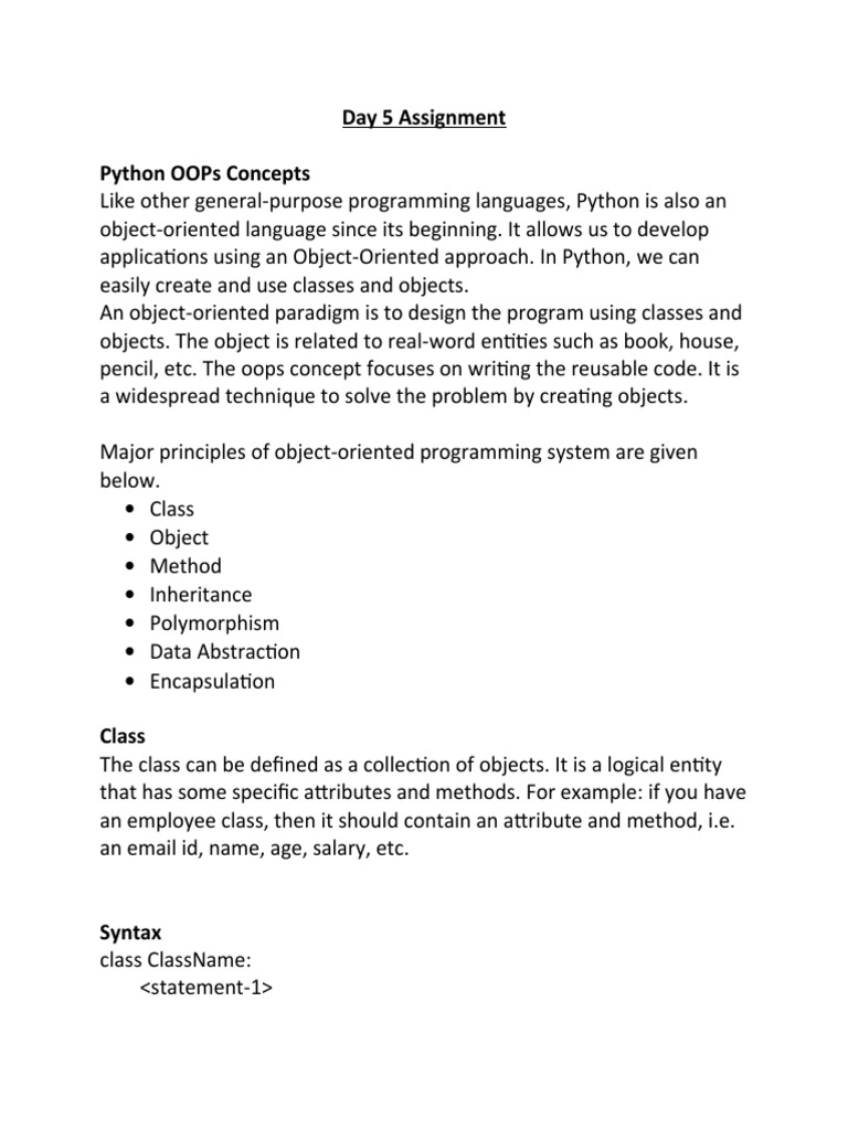 Day 5 Assignment Python Oops Concepts Pdf Class Computer Programming Object Computer