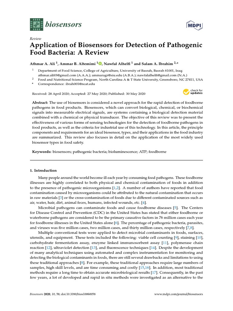 Biosensors: Application of Biosensors For Detection of Pathogenic Food Bacteria: A Review | PDF ...