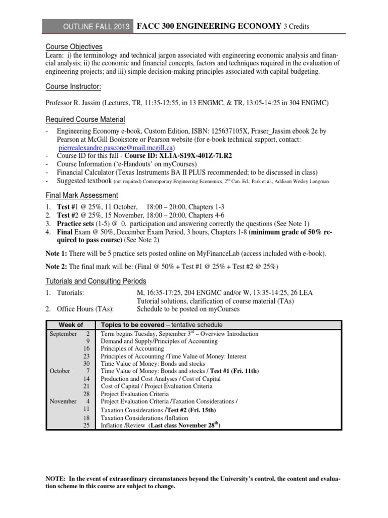 Facc 300 Engineering Economy: Outline Fall 2013 | PDF | Test ...
