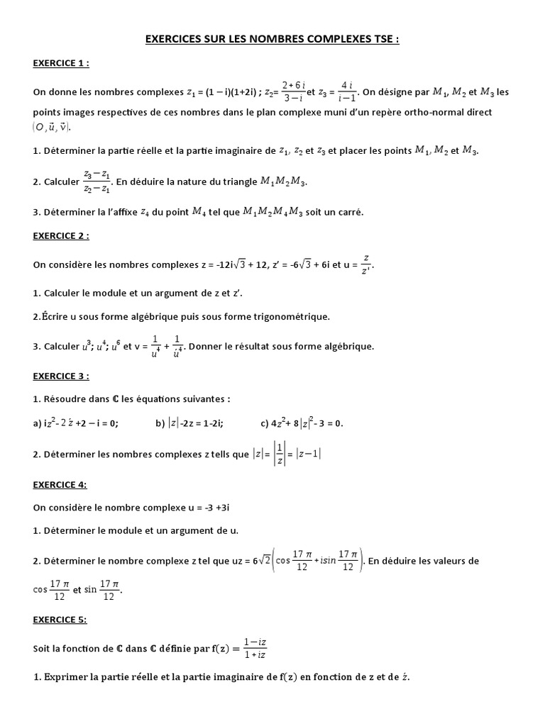 Exo Complexes Tse | PDF | Nombre complexe | Racine carrée