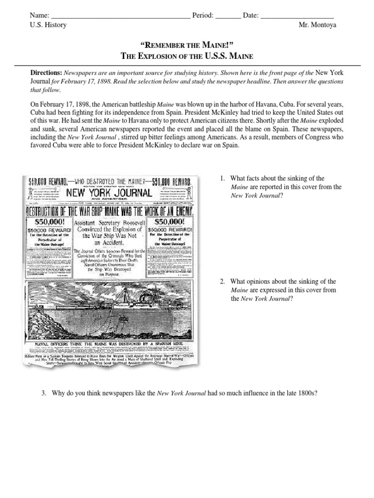 Remember The Maine Worksheet | PDF | Ships | Naval Warfare