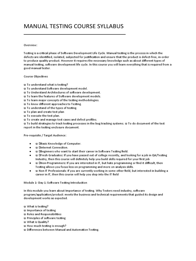 Manual Testing Course Syllabus | PDF | Software Testing | Software ...